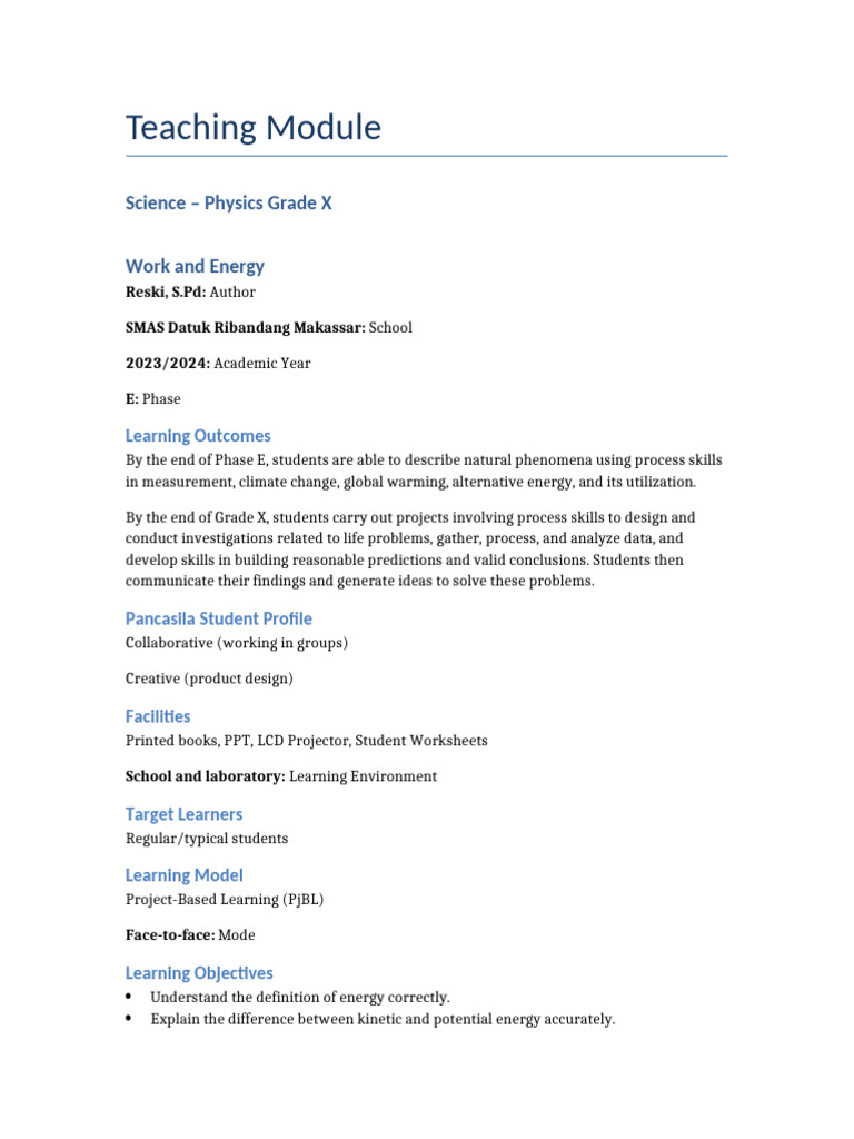 Teaching Module Physics Grade X | PDF