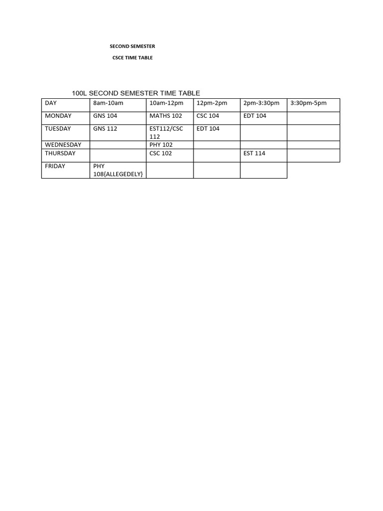 100l Second Semester Time Table ? | PDF