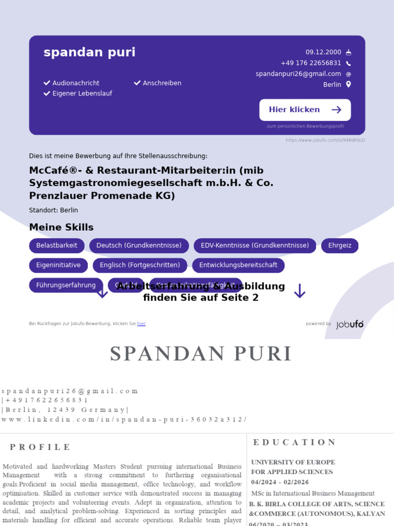 Bewerbung McDonalds Spandan-Puri 20241221 | PDF | Business Process | Entertainment