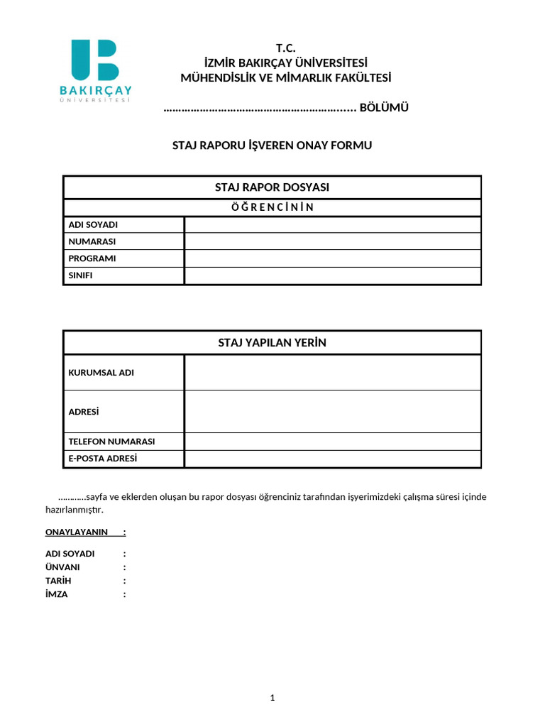 Staj Raporu İşveren Onay Formu | PDF