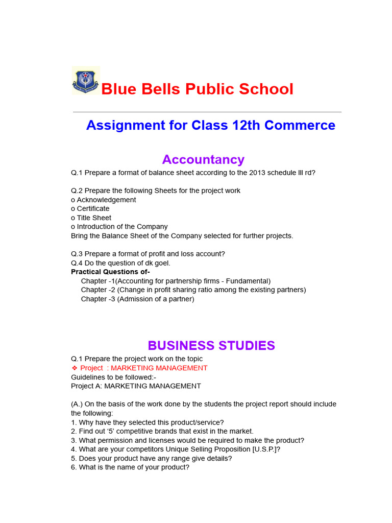 Summer Assignment for Class 12th Commerce | PDF | Measures Of National ...