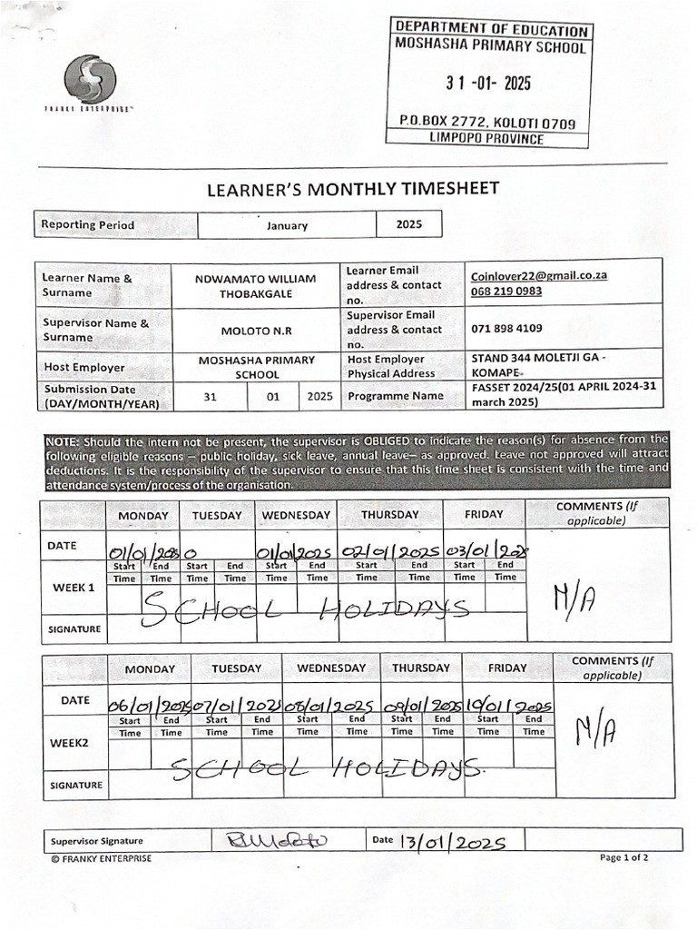 Learner's Monthly Timesheet | PDF