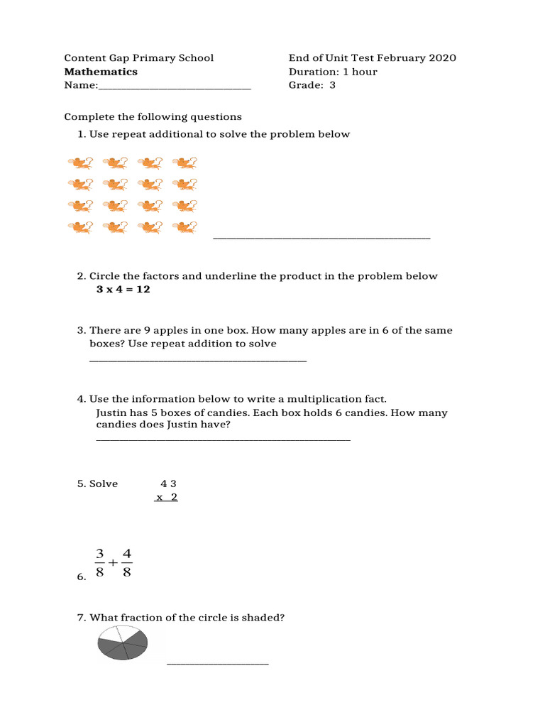 Grade 3 Math End of Unit Test | PDF