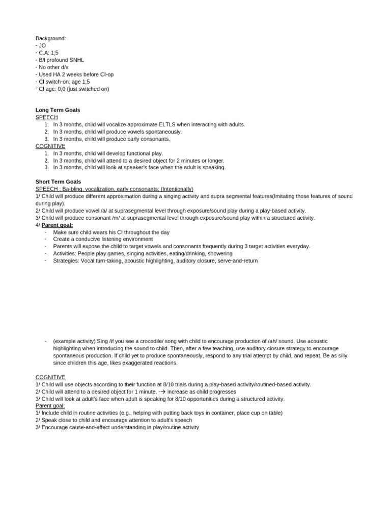 Speech and Cognitive Goals for CI Child | PDF | Speech | Linguistics
