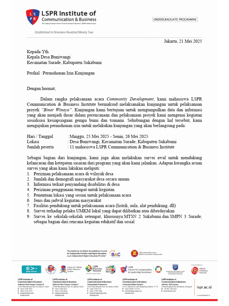 Permohonan Izin Kunjungan Proyek Sosialisasi | PDF