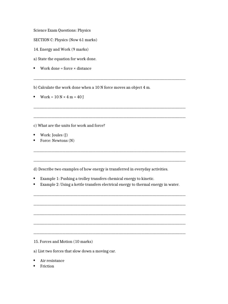 Physics Exam Questions and Answers | PDF | Force | Weight