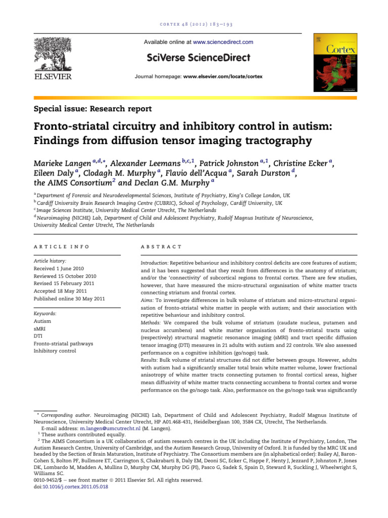 Fronto Striatal Circuitry and Inhibitory Control in Autism Finding 2012 ...