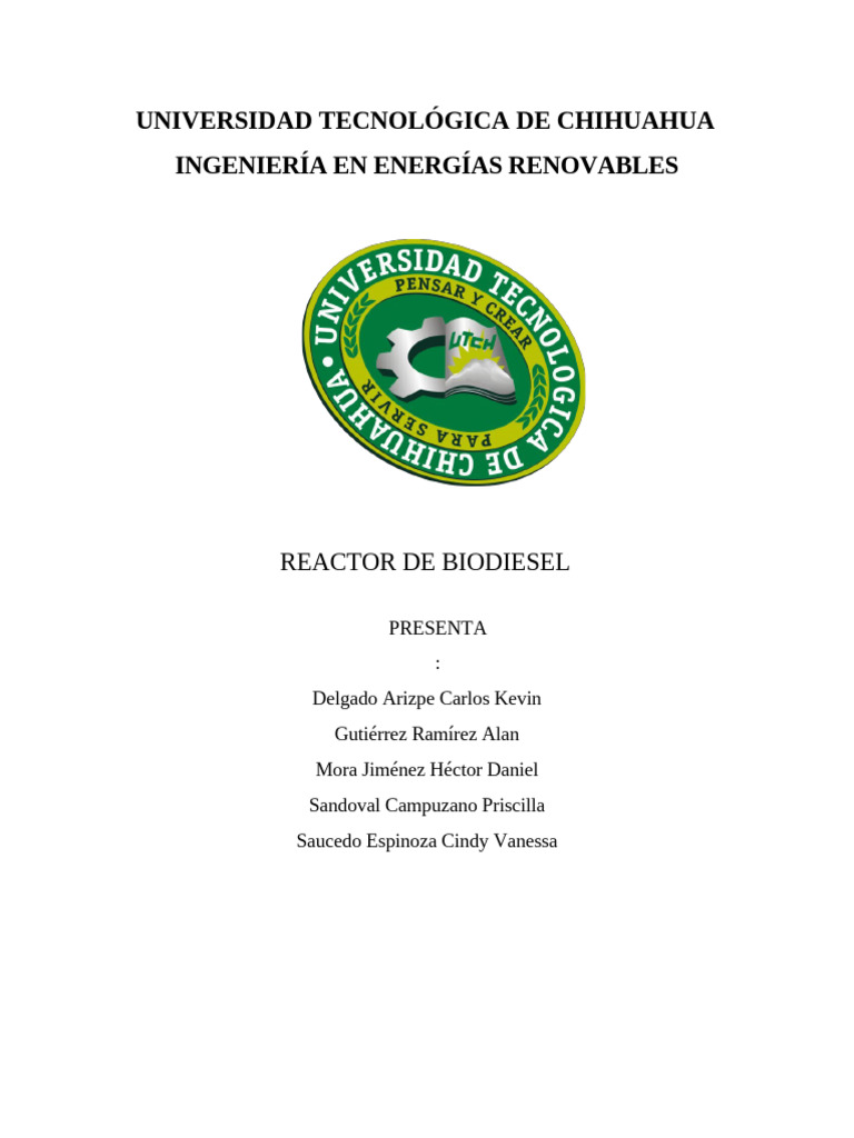 Reporte Integradora Reactor de Biodiesel | PDF | Biodiésel