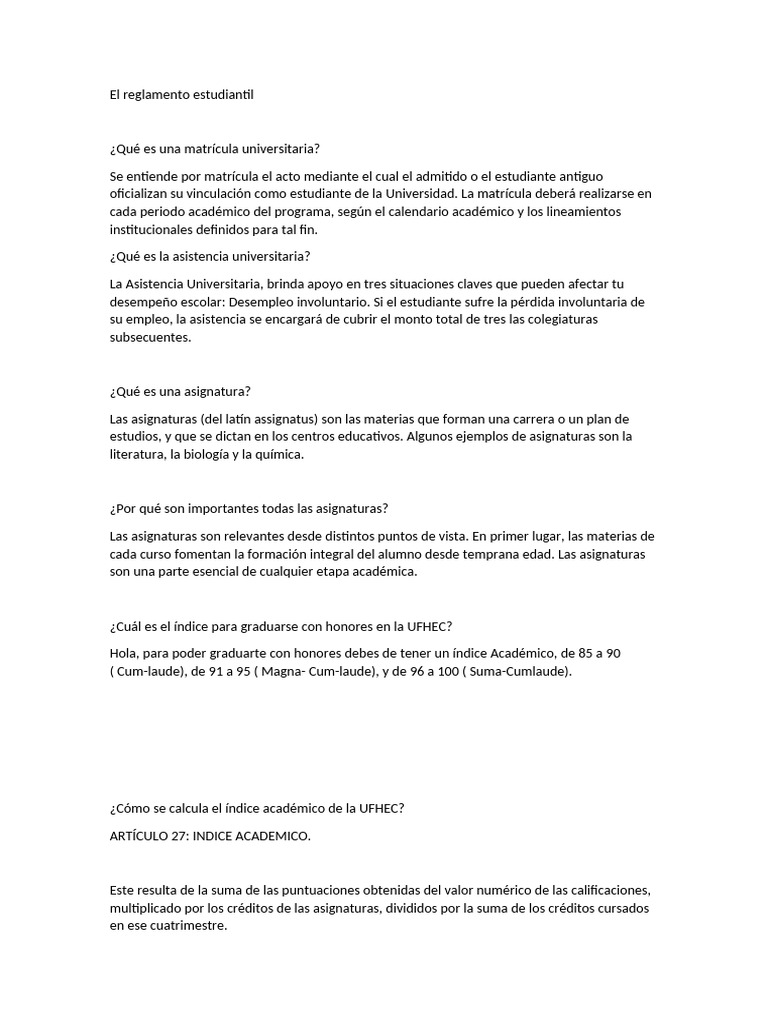 El Reglamento Estudiantil | PDF