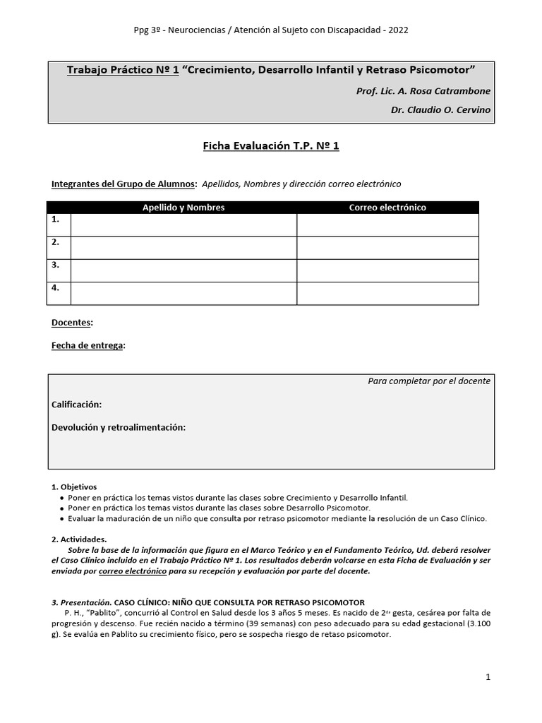 B - Ficha1 Trabajo Práctico #1 "Crecimiento, Desarrollo Infantil y Retraso Psicomotor" | PDF ...
