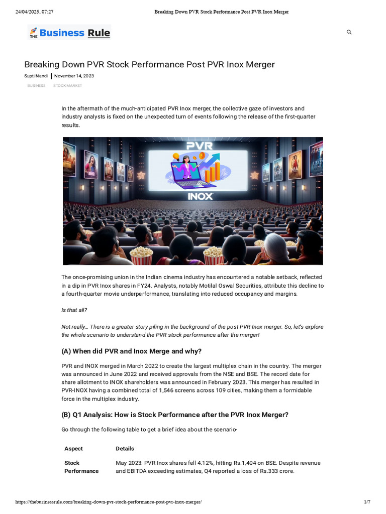 Breaking Down PVR Stock Performance Post PVR Inox Merger | PDF | Mergers And Acquisitions ...