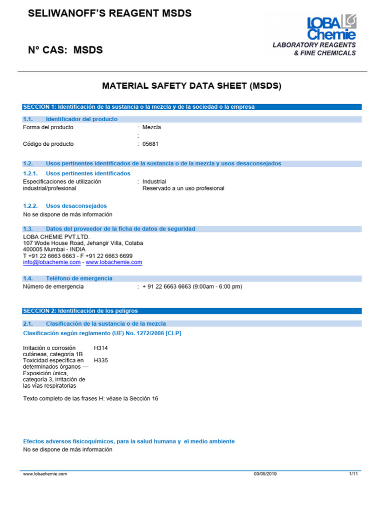 MSDS SELIWANOFFS REAGENT CASNO 05681 ES - Aspx | PDF | Primeros ...