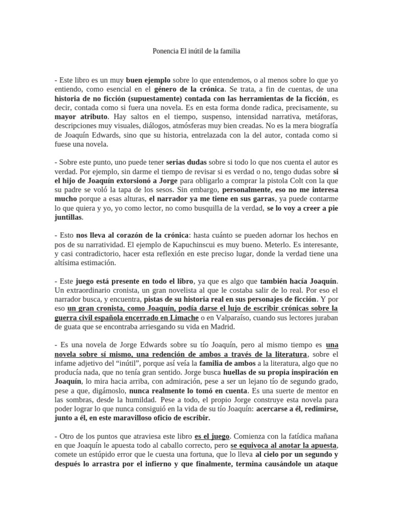 Ponencia El Inútil de La Familia | PDF | Novelas