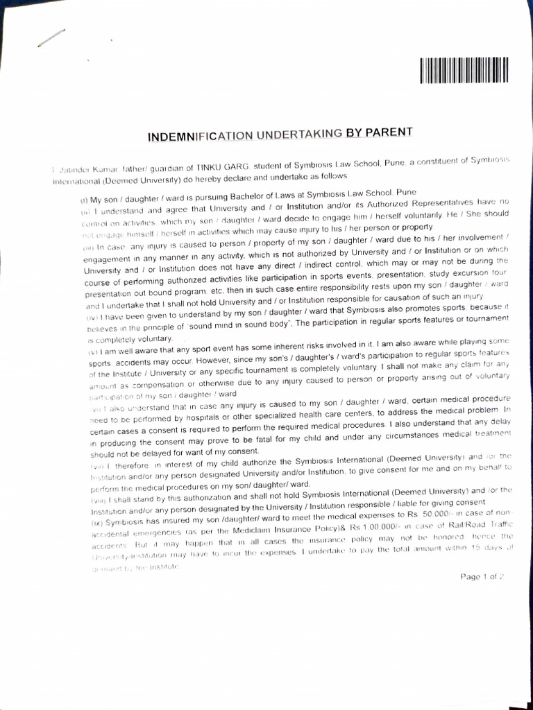 Indemnification Undertaking by Parent | PDF | Consent | Common Law