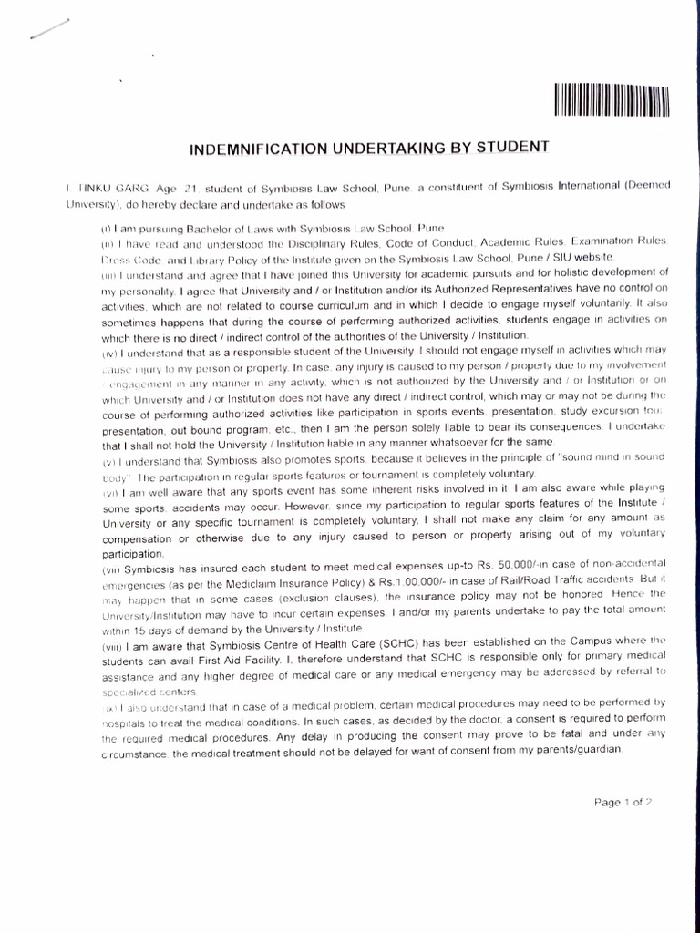 Indemnification Undertaking by Student | PDF | Insurance | Informed Consent