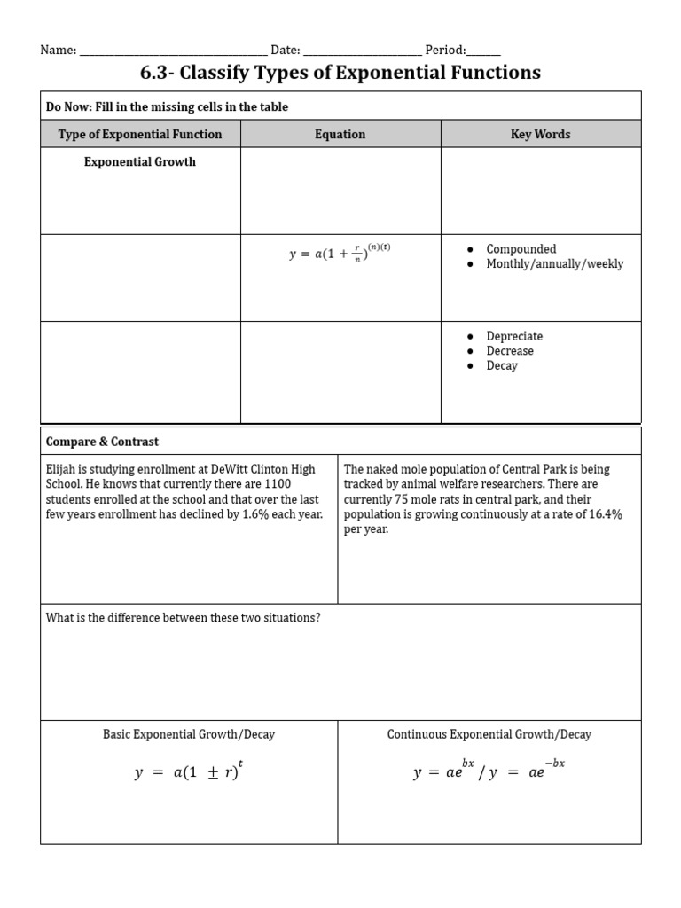 6.3 - CW - Classify Types of Exponential Functions | PDF | Interest