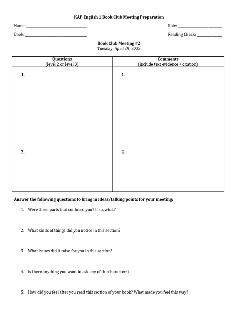 KAP English 1 Book Club Prep Guide | PDF