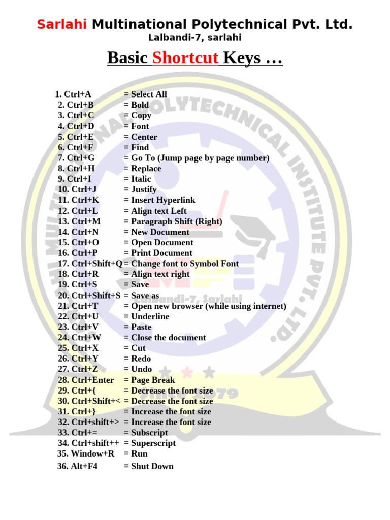 Basic Shortcut Keys | PDF