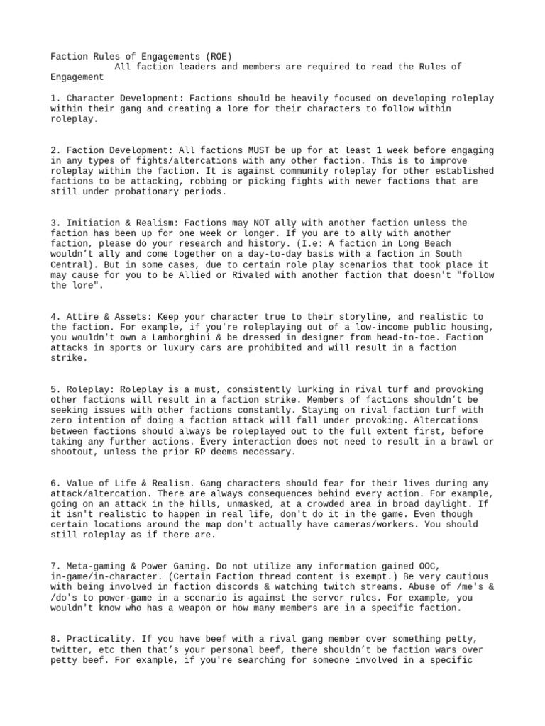 Faction Rules of Engagements (ROE) | PDF