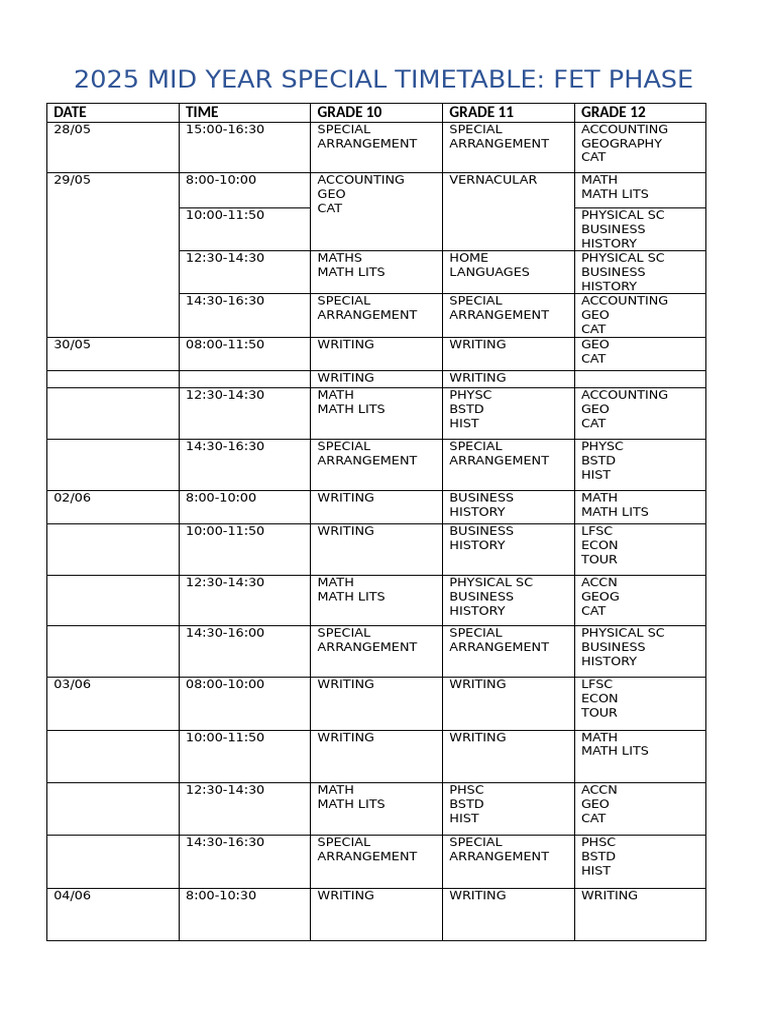 2025 Mid Year Special Timetable-1 | PDF