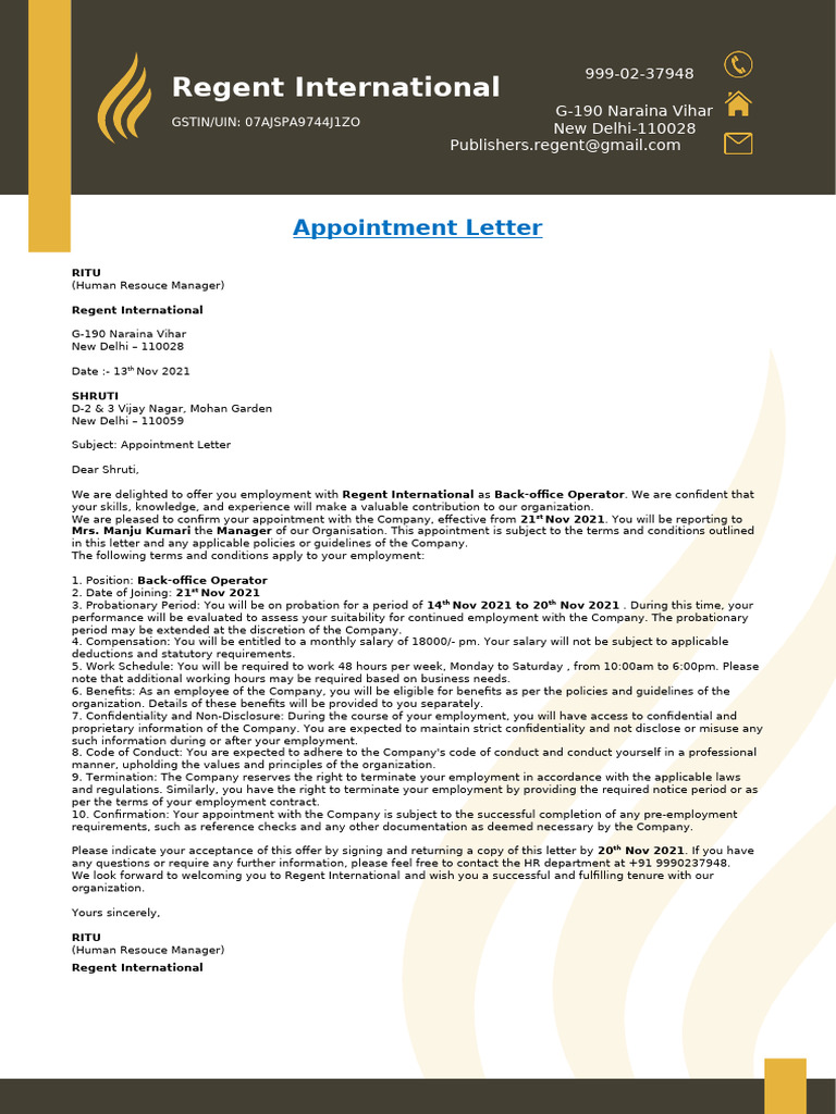 Appointment Letter of Shruti | PDF | Employment | Business
