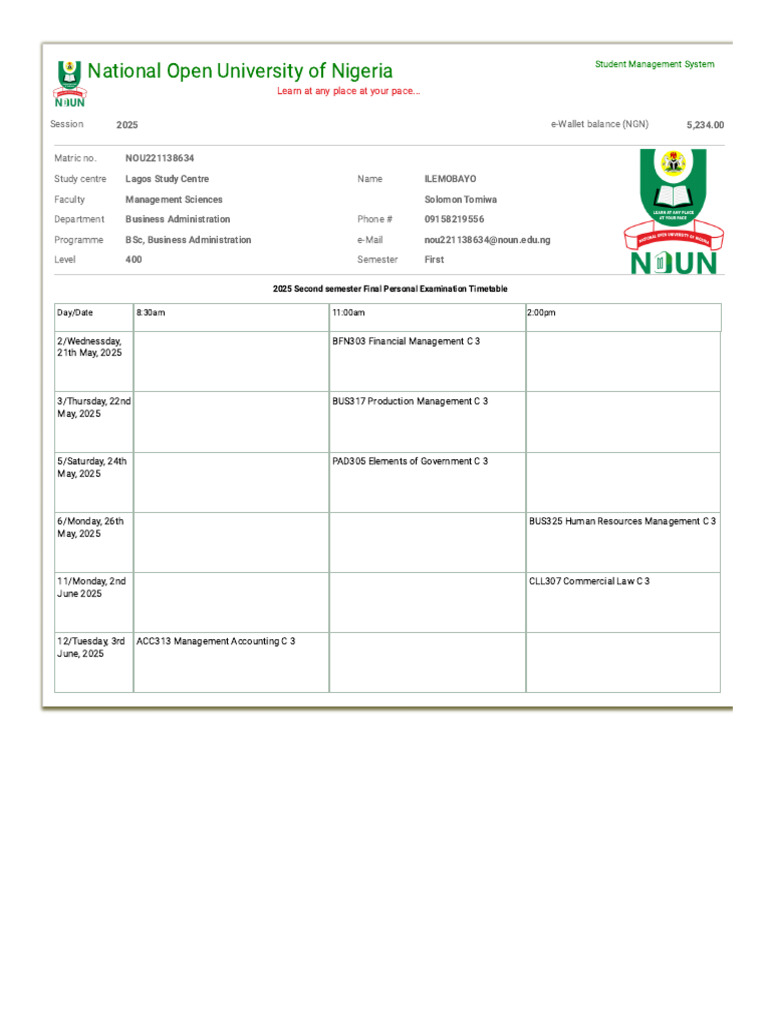 NOUN-SMS Exam Timetable | PDF