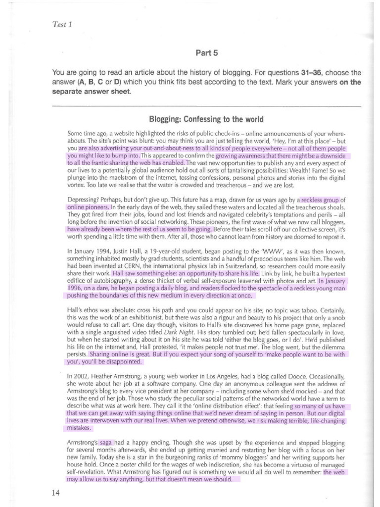 Reading and Use of English Test 1 (Key + Explanation) | PDF