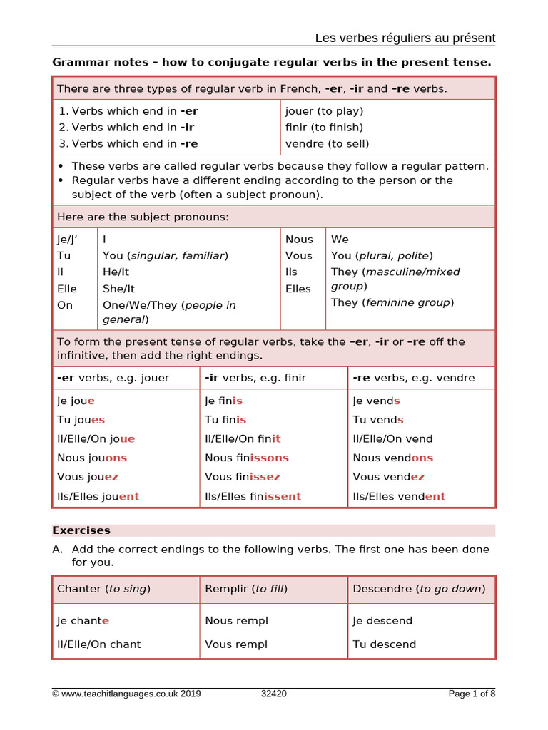 Conjugaison des verbes réguliers au présent | PDF