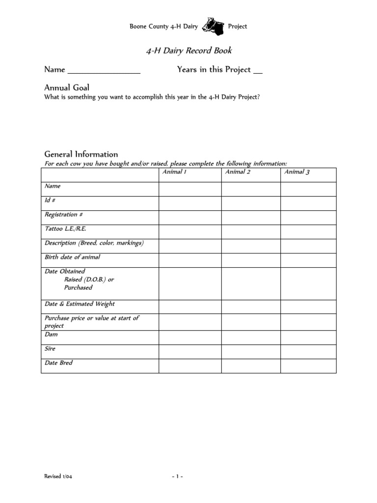 4-H Dairy Record Book Template | PDF | Milk | Dairy Cattle