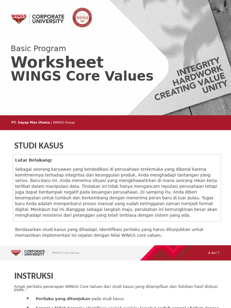 Worksheet Wings Core Values (Update Basic 2024) | PDF