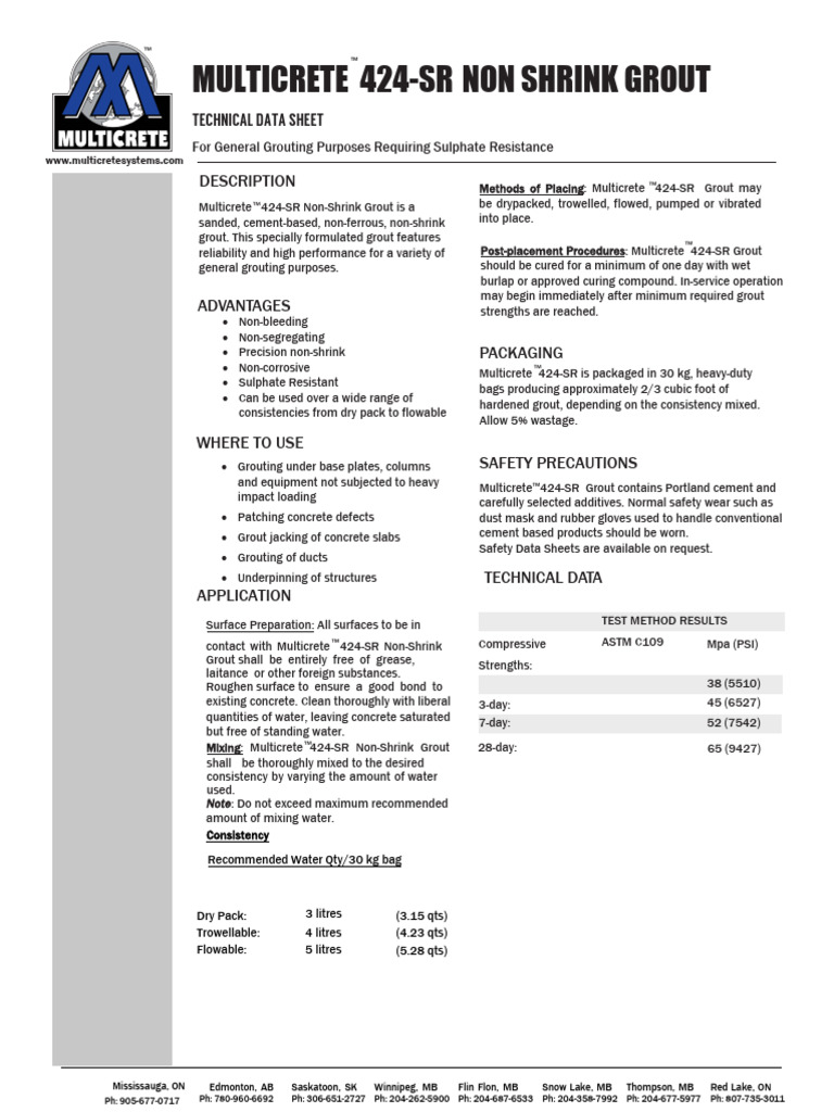 Multicrete 424 SR Grout Sulphate Resistant | PDF | Concrete | Materials