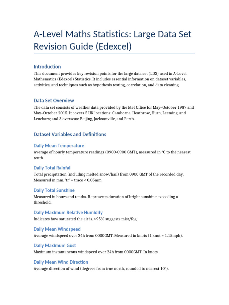 Large Data Set Revision Guide Edexcel A-Level Statistics | PDF | Wound ...