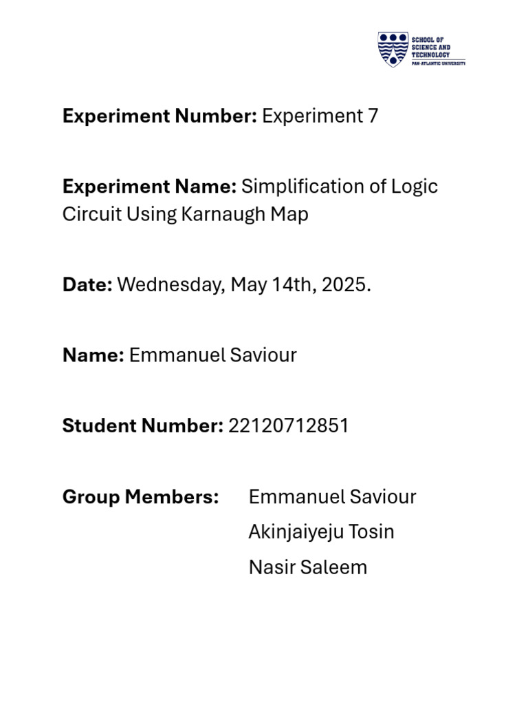 Experiment 7 - Emmanuel Saviour - Karnaugh Map | PDF | Logic Gate ...