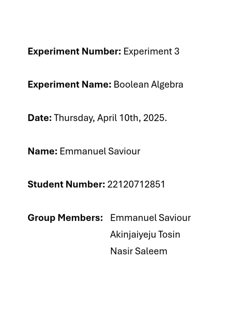 Experiment 3 - Emmanuel Saviour | PDF | Logic Gate | Boolean Algebra