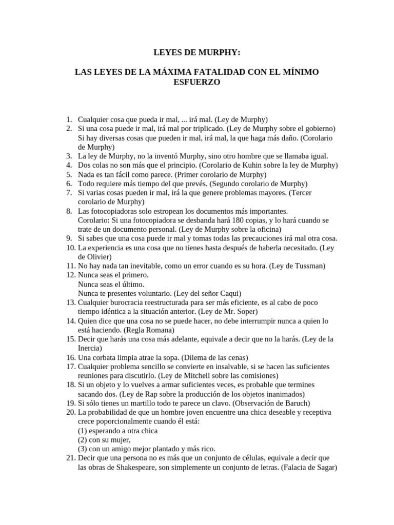 Leyes de Murphy: Ejemplos y Corolarios | PDF | Experimentar