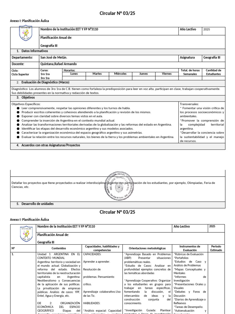 Circular N 3-25.geografía III | PDF | Aprendizaje | Datos
