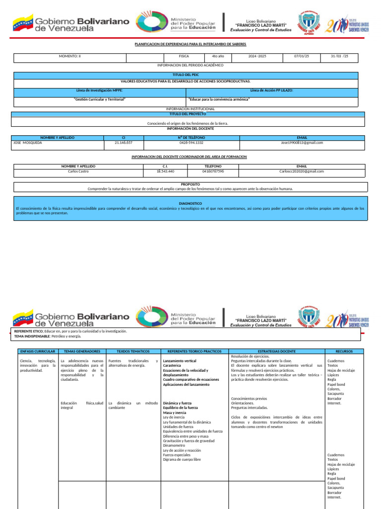 Jose Mosqueda FISICA 4TO Planificacion 3 | PDF | Fuerza | Mecanica clasica