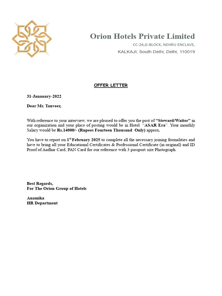 Steward/Waiter Offer Letter | PDF