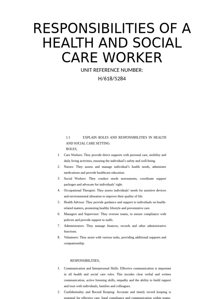 Health and Social Care Worker Responsibilities | PDF | Social Work ...