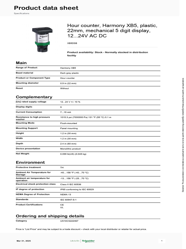 Schneider Electric Harmony XB5 ZB5 Plastic Push Buttons XB5DSB | PDF ...