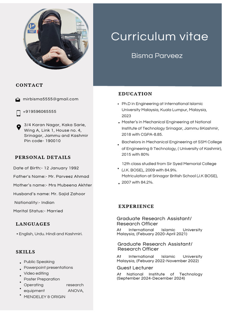 Curriculum Vitae: Bisma Parveez | PDF | Composite Material | Materials Science