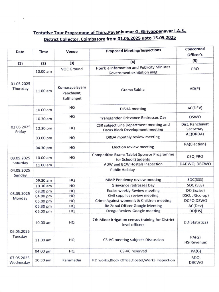 District Collector TTP 01.05.2025 To 15.05.2025 | PDF