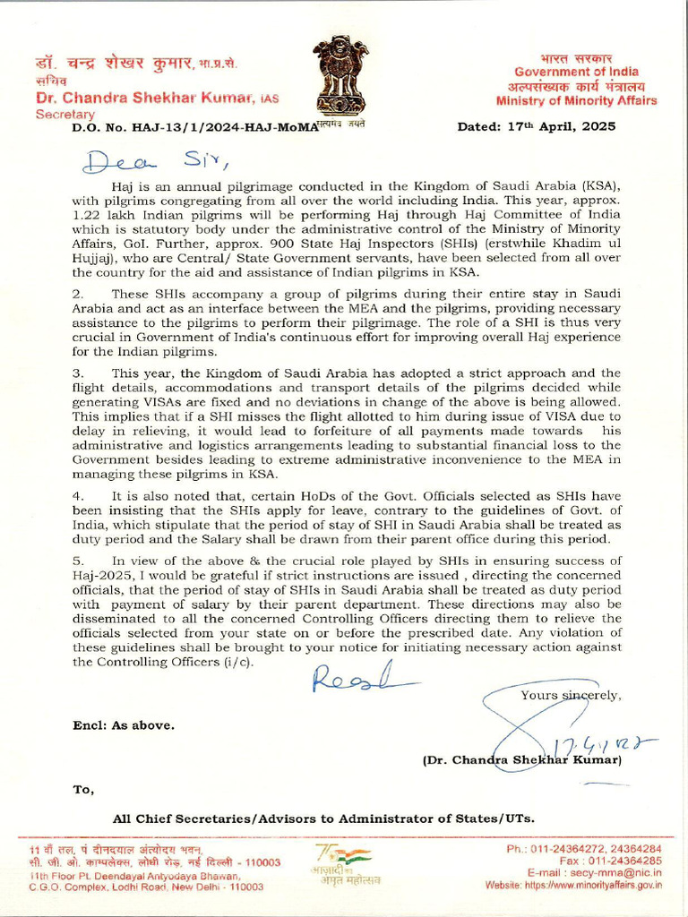 DO Letter To All Chief Secretaries Reg Haj 2025 | PDF