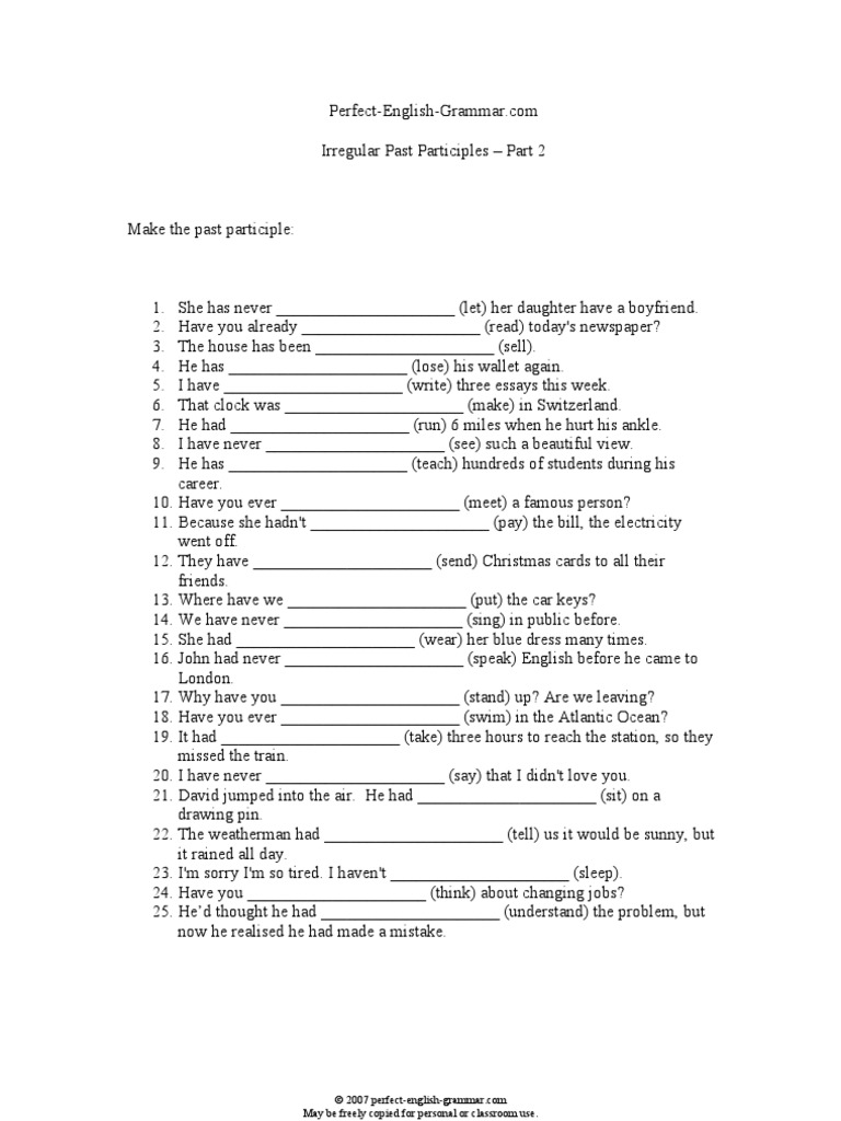 50 Irregular Verbs Past Participle Part 2 | PDF