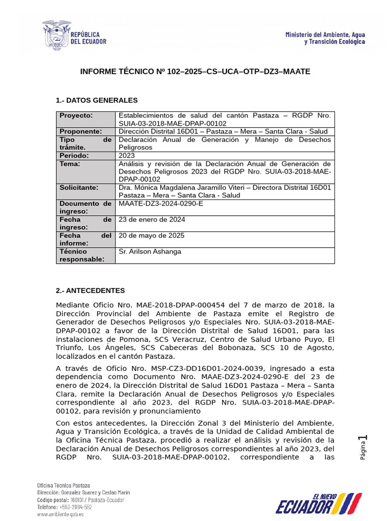 2 - Inf Tec 102 - Decl Desechos 16d01-102 Urbano Puyo 2022 | PDF