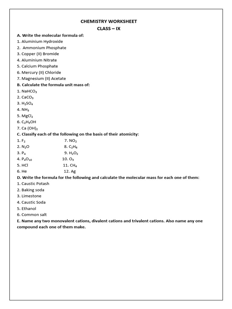 Chemistry Worksheet - IX | PDF