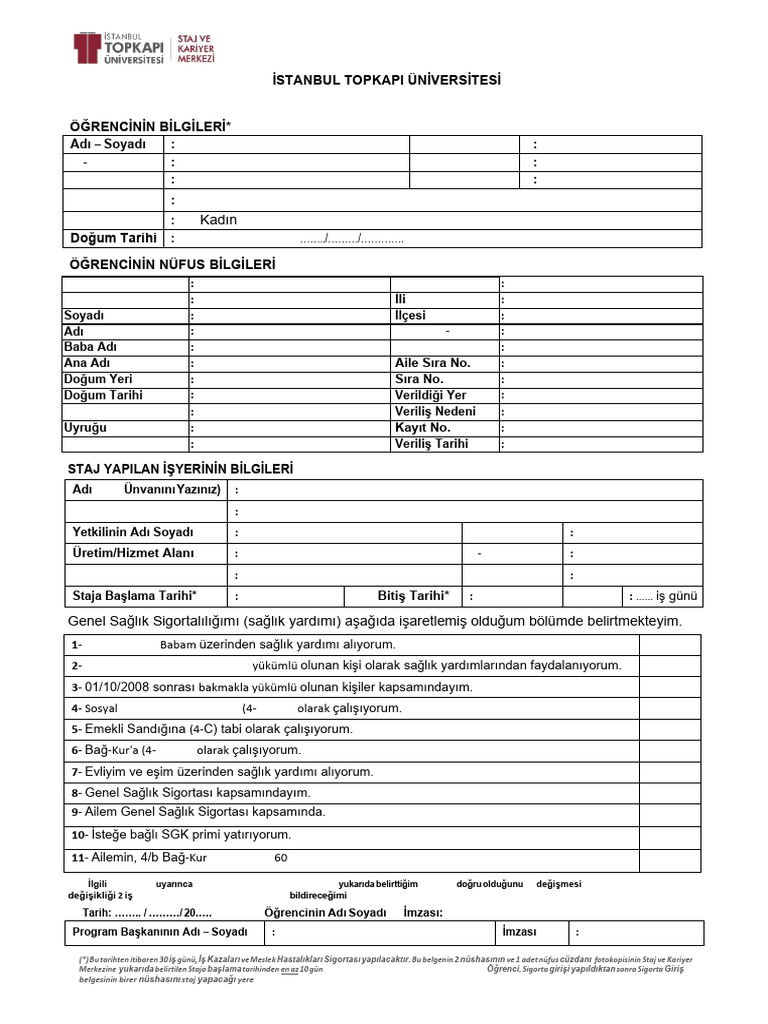SGK STAJ FORMU Zorunlu | PDF