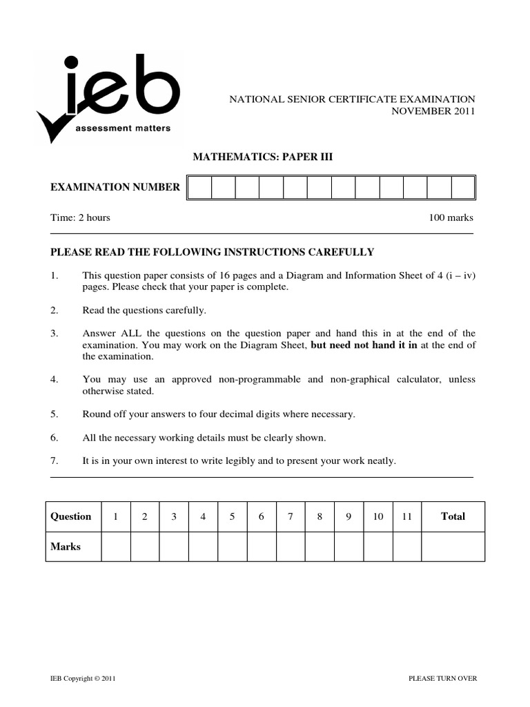 Mathematics Maths Ieb NSC Grade 12 Past Exam Papers 2011 p3 Question ...