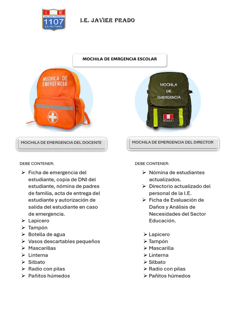 Contenido de Mochilas de Emergencia Escolar | PDF