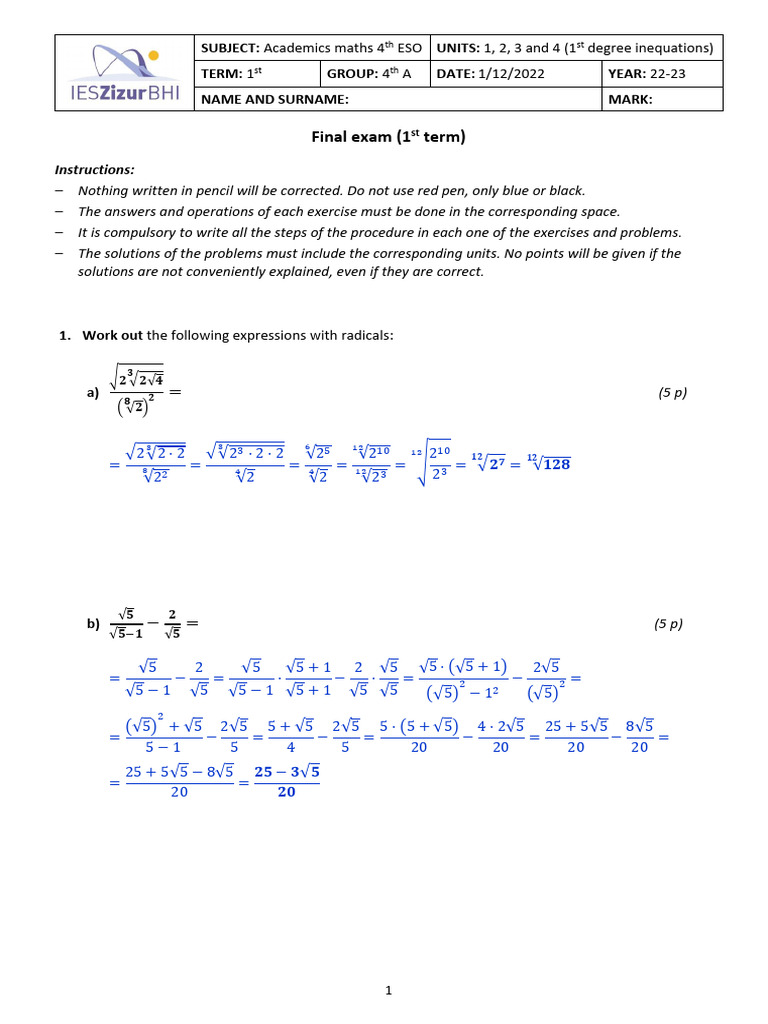 E4A1-2 - Final Exam (1st Tem) (En) - Solutions | PDF | Factorization | Arithmetic